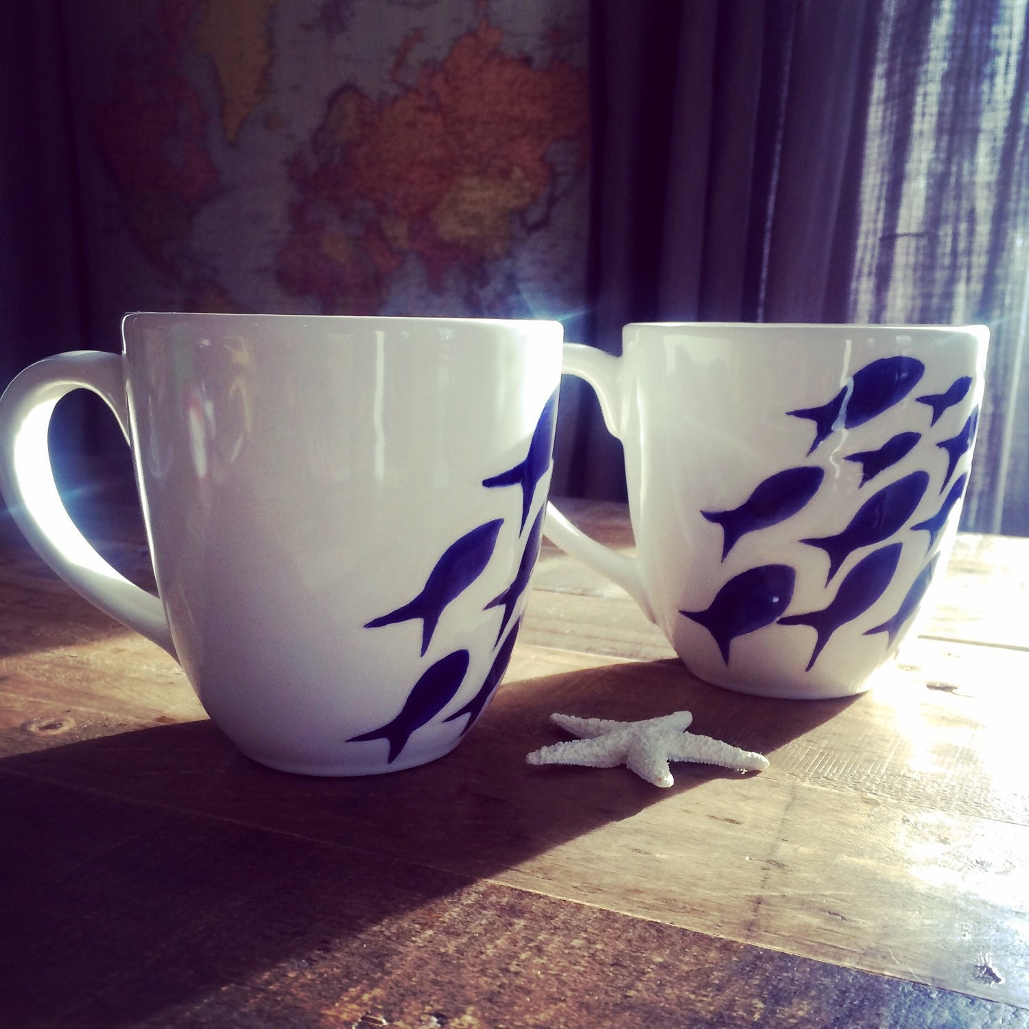 School of Fish, Nautical, Blue and White Fish Ceramic Coffee Mugs - Etsy