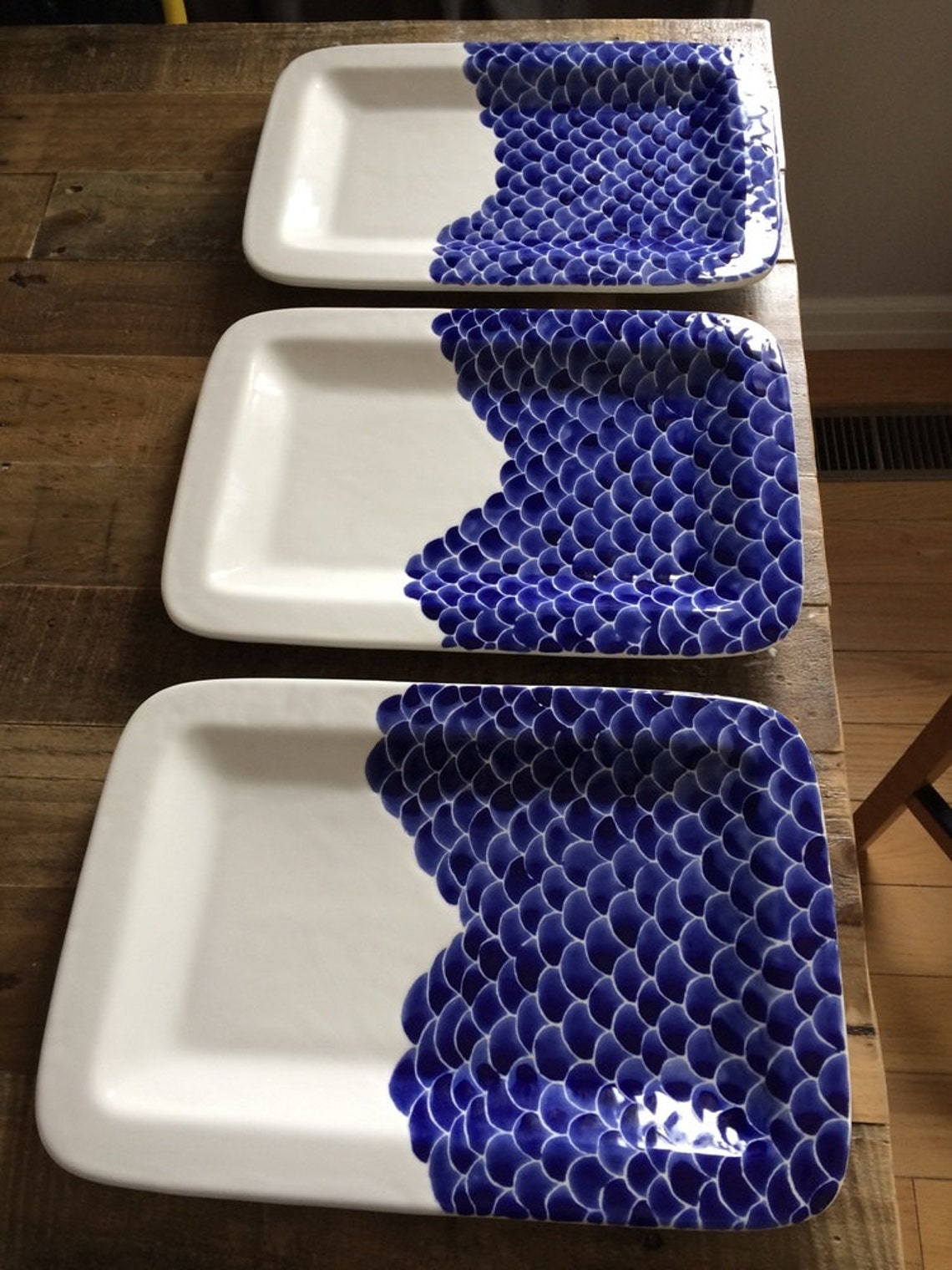 Set of Three Rectangular Ceramic Serving Platters in Blue Fish - Etsy