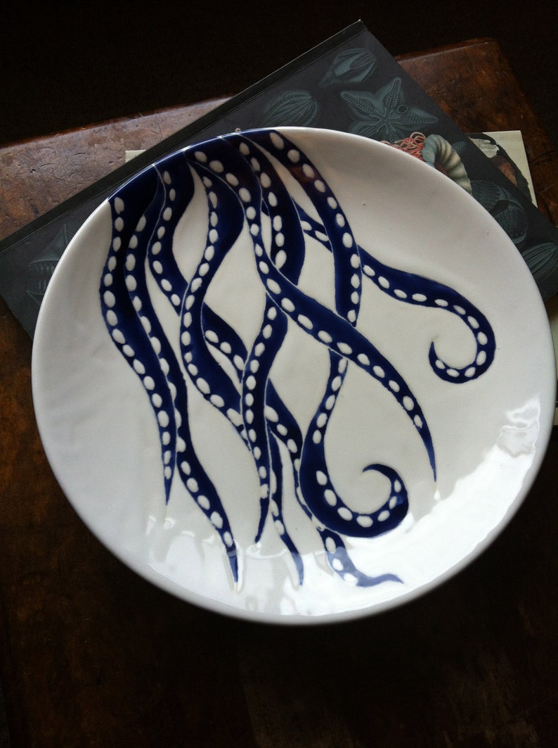 Navy Blue Octopus Decor, Round Ceramic Platter and Dinner Plate by ...