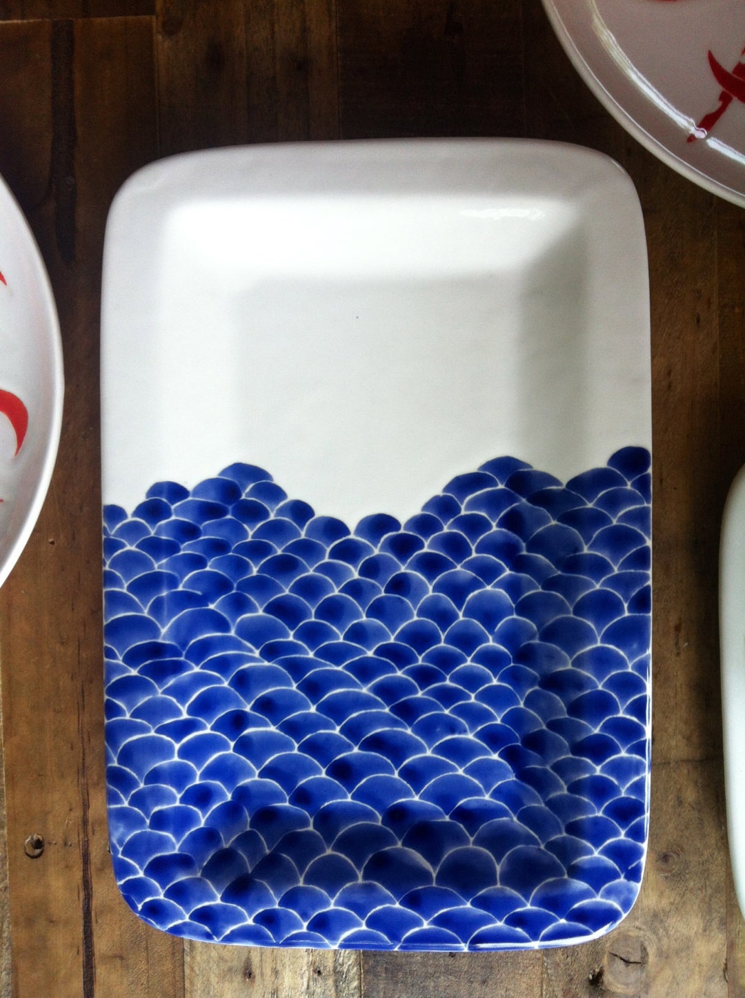 Fish Scale Ceramic Serving Platter, Navy, Indigo, Nautical, Wedding ...