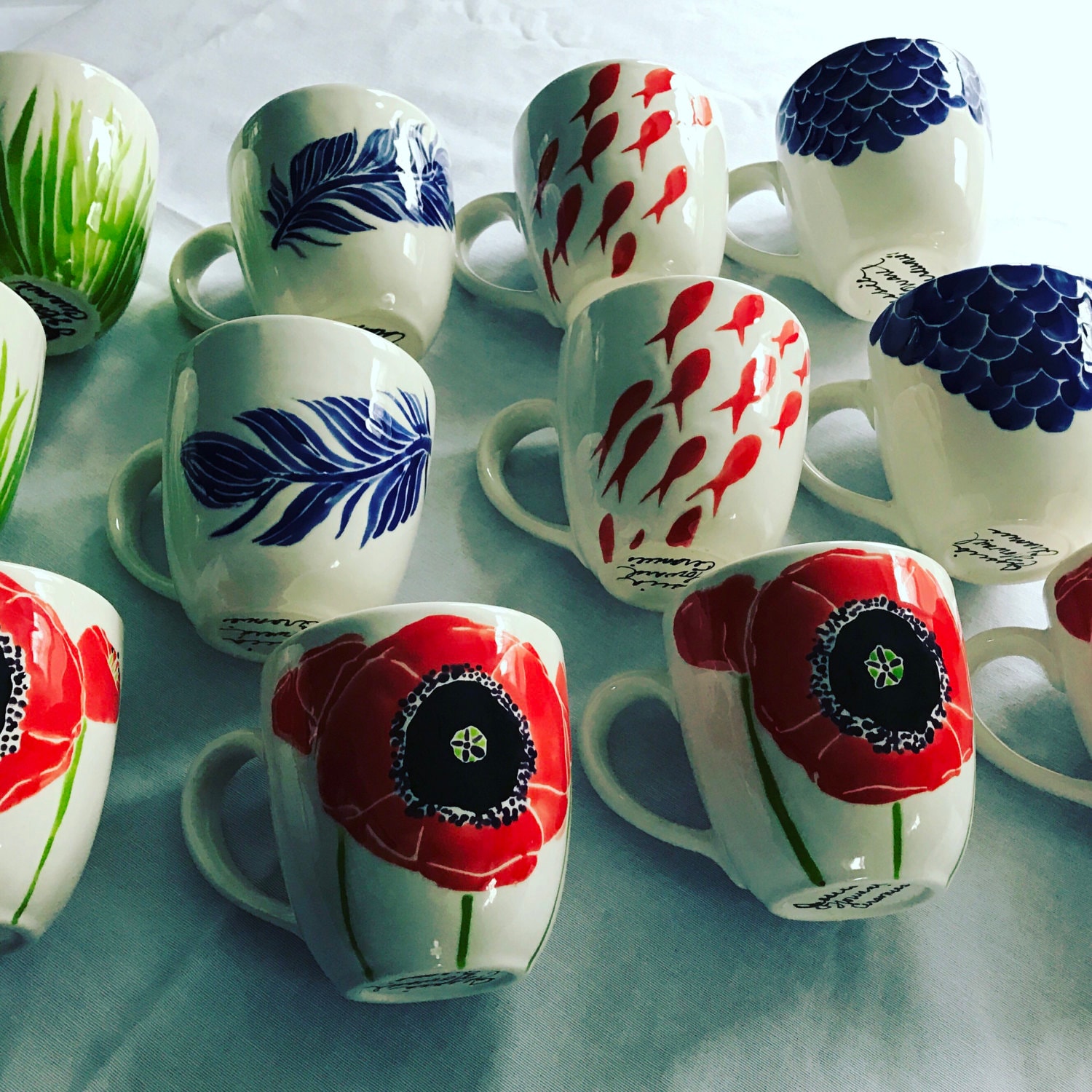 Navy Blue and White Feather Ceramic Coffee Tea Mugs Cups by - Etsy