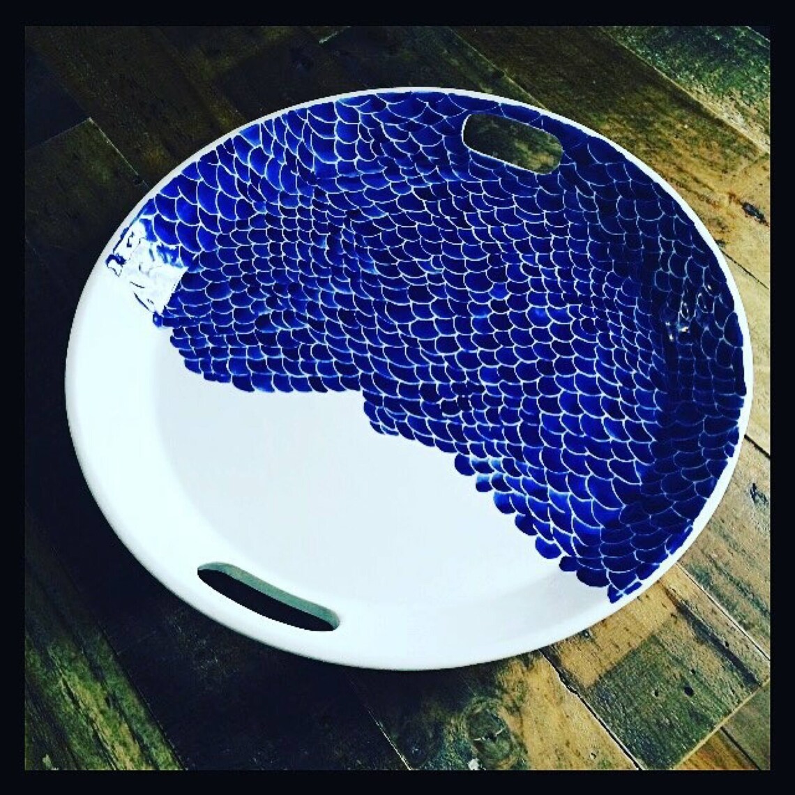 Large Serving Bowl, Fish Scale Motif, Blue and White Nautical Pottery ...