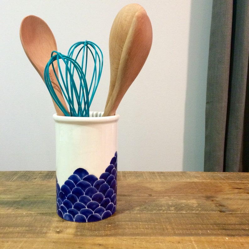 Utensil holder blue and white fish scale ceramic utensil | Etsy