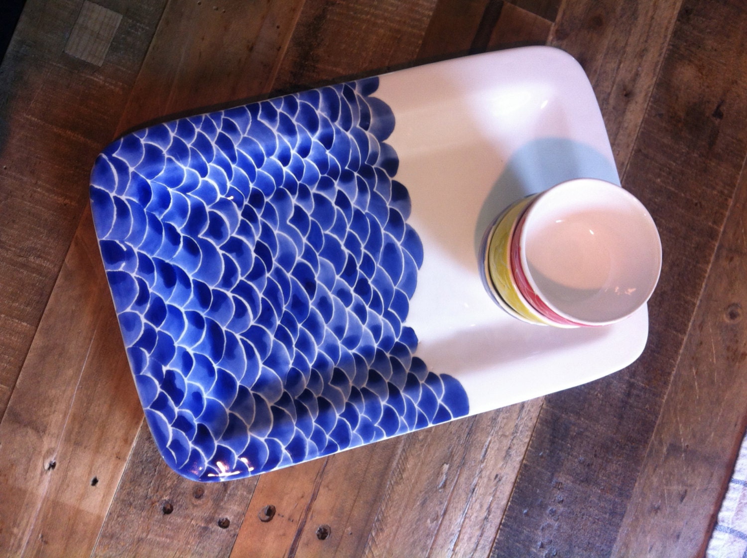 Fish scale ceramic serving platter, navy, indigo, nautical, wedding ...