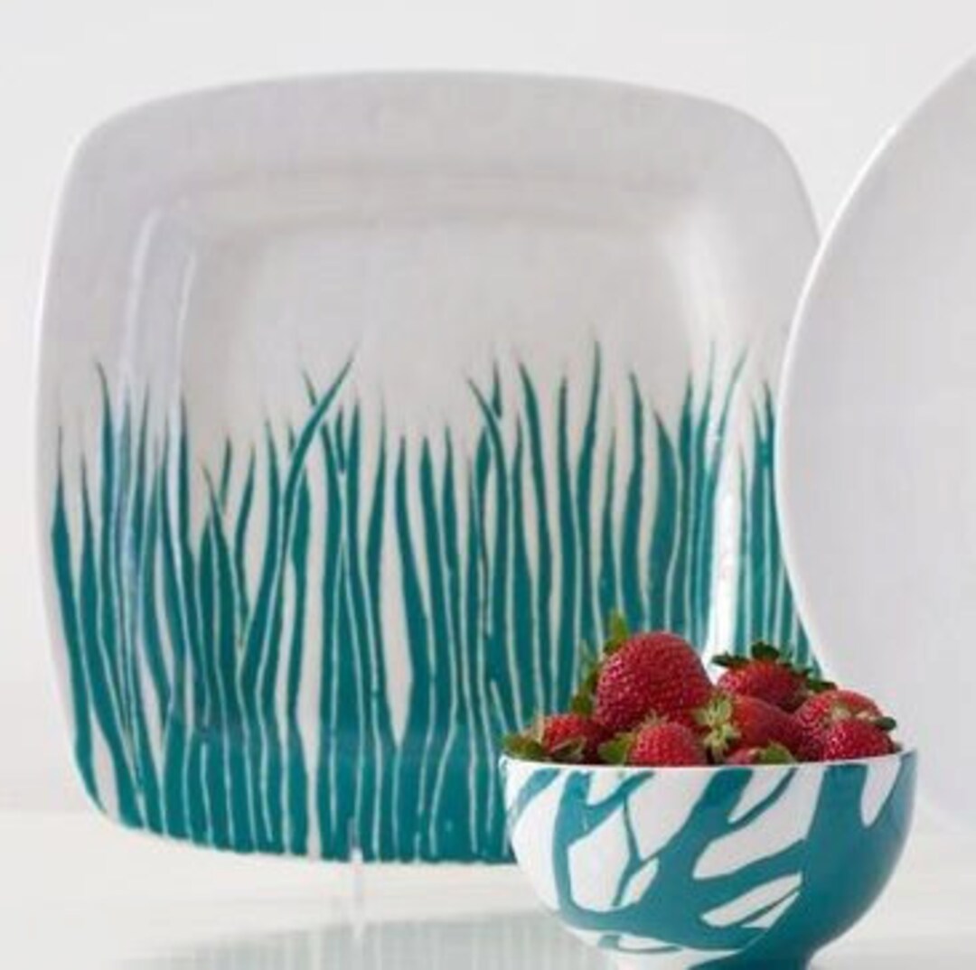 Blue Turquoise Grass Large Square Platter, Dinner, Charger Plate - Etsy