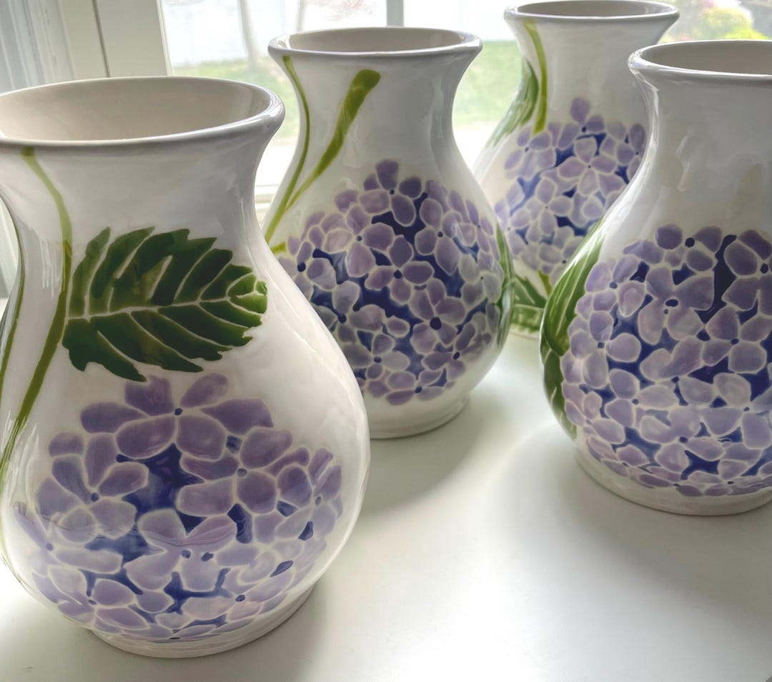 Hydrangeas Pottery Flower Vase Floral Vessel Home Decor Blue Garden ...