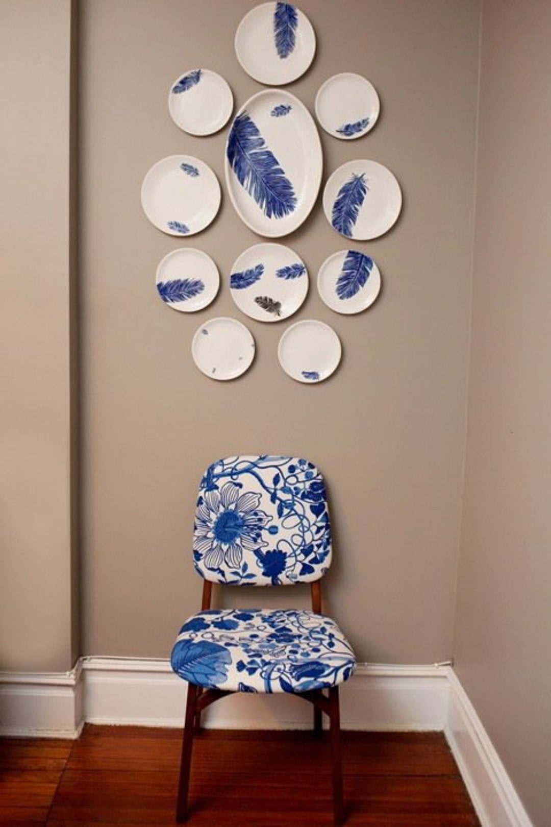 Plate Wall Blue and White Feather Motif Ceramic Wall Design Home Decor ...