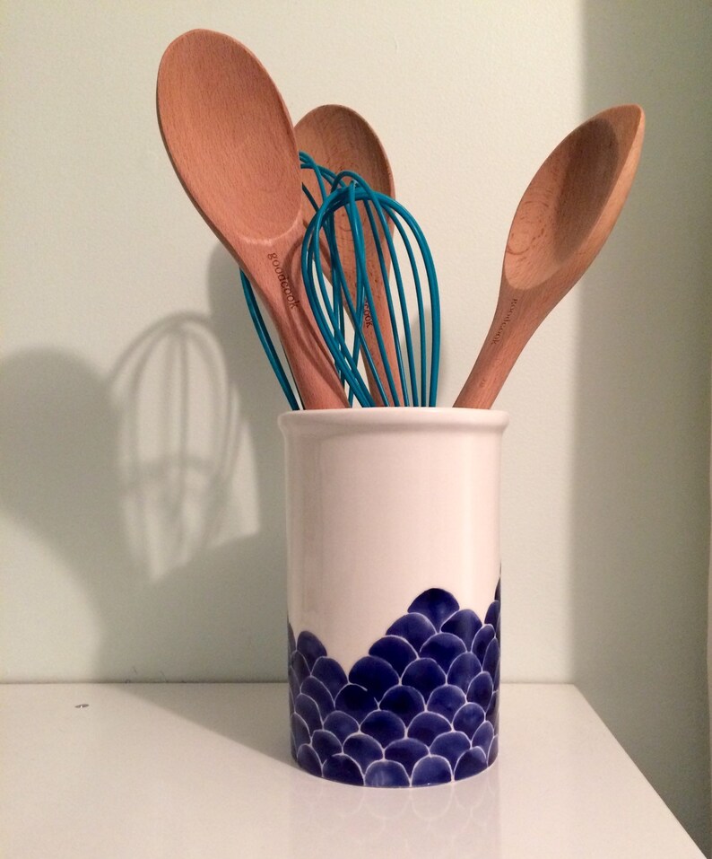 Utensil holder blue and white fish scale ceramic utensil | Etsy