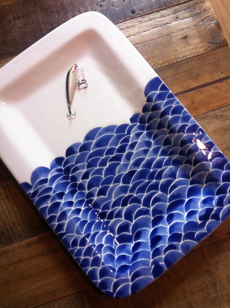 Fish scale ceramic serving platter, navy, indigo, nautical, wedding ...