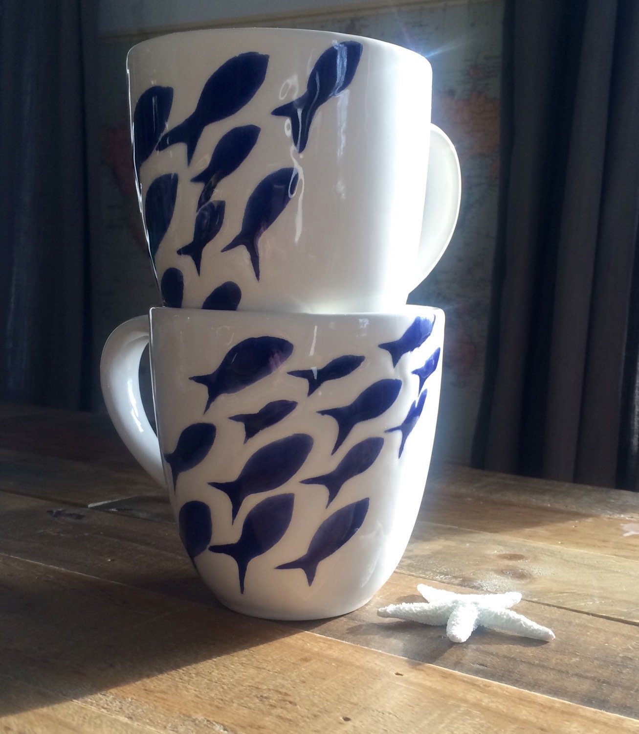 School of Fish, Nautical, Blue and White Fish Ceramic Coffee Mugs - Etsy