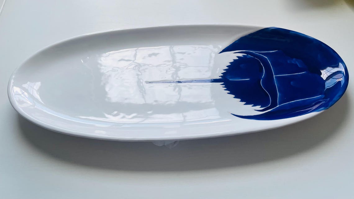 Horseshoe Crab, Ceramic Serving Platter, Coastal, Handpainted Navy and ...