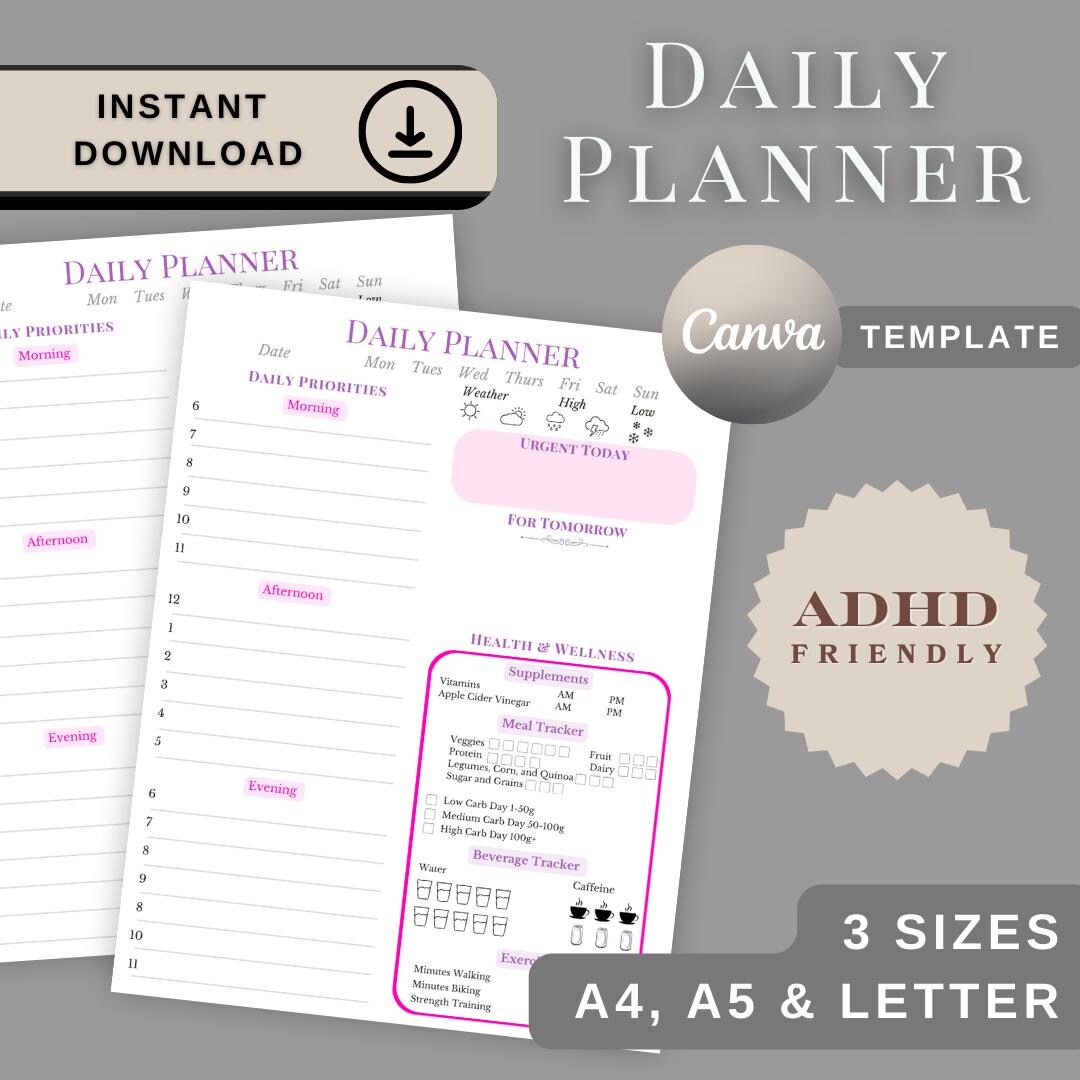 Checklist Time Blocking Template Wellness Planner ADHD Planner Pink ...