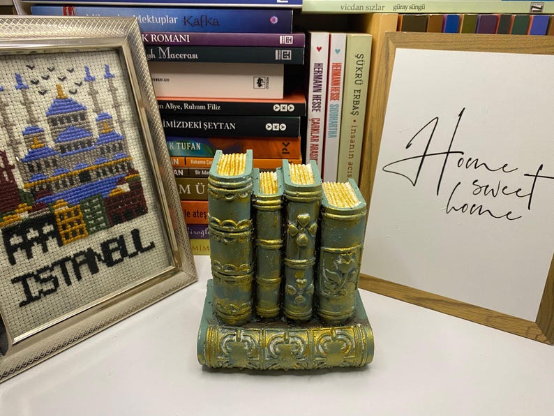Distressed Concrete Book Stack Sculpture: Green & Gold Library Decor - Etsy