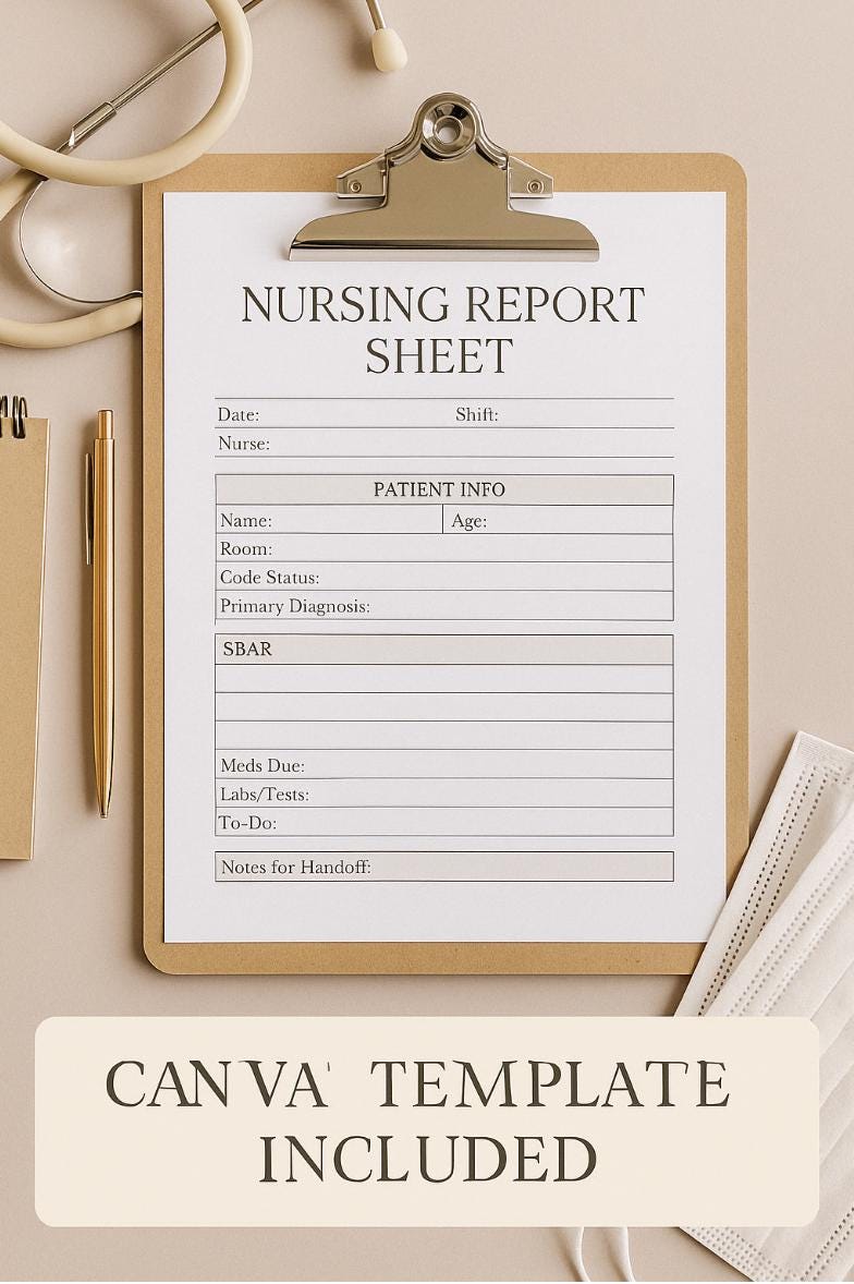 Nursing Report Sheet for Students | SBAR Printable PDF + Canva Template ...