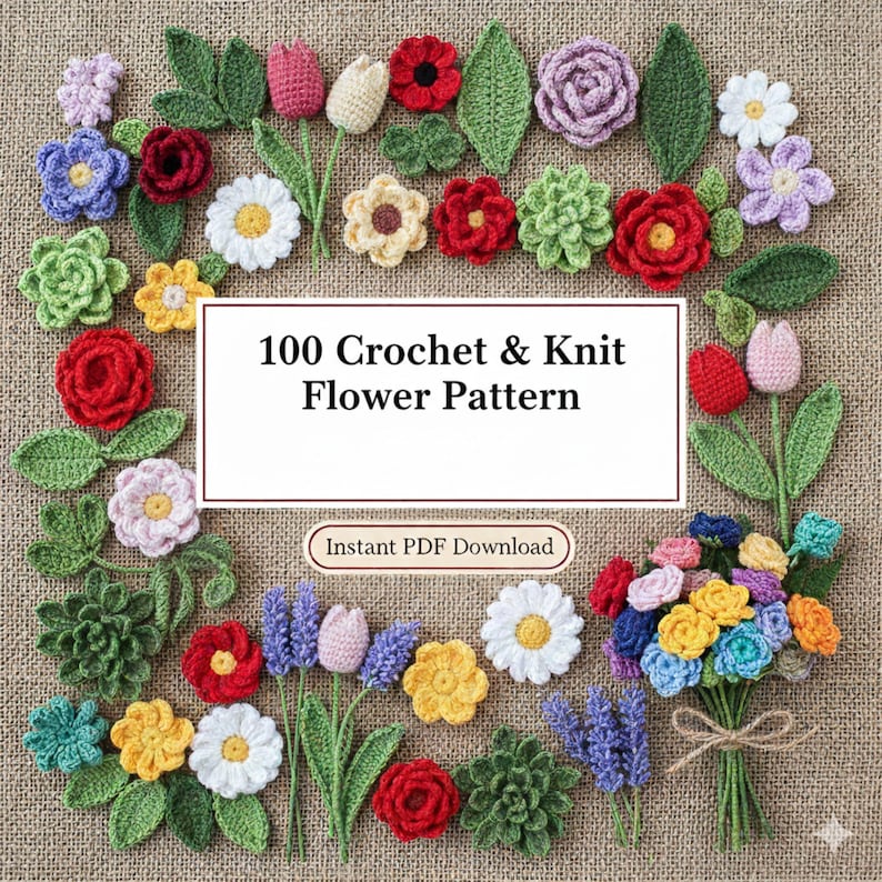 100 Crochet & Knit Flower Patterns Bundle | Floral Motifs, Appliques ...