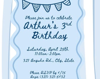 Birthday Invitation - Blue & White Minimalist - Instant and Digital ...