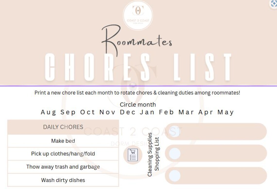 Roommate Chore & Cleaning Checklist Schedule - Etsy
