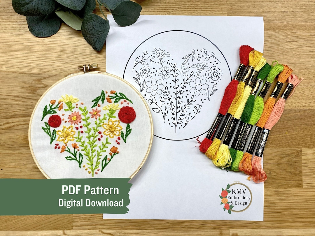 Floral Heart Hand Embroidery PDF Pattern Digital Download All Skill ...