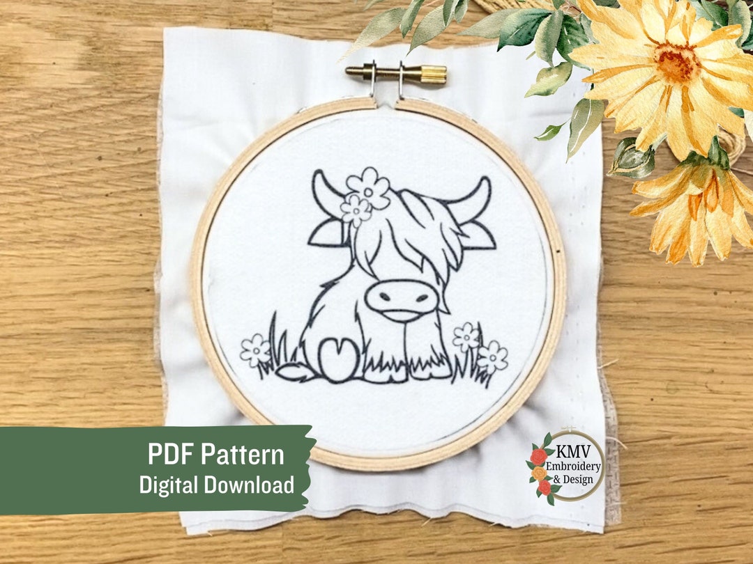 Highland Cow Hand Embroidery PDF Pattern Digital Download All Skill ...