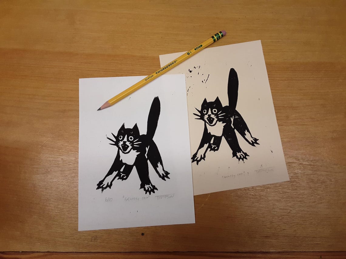 Cat Lino Print, "scaredy Cat" - Etsy