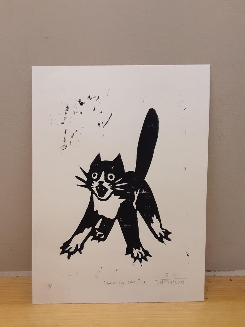 Cat Lino Print, "scaredy Cat" - Etsy