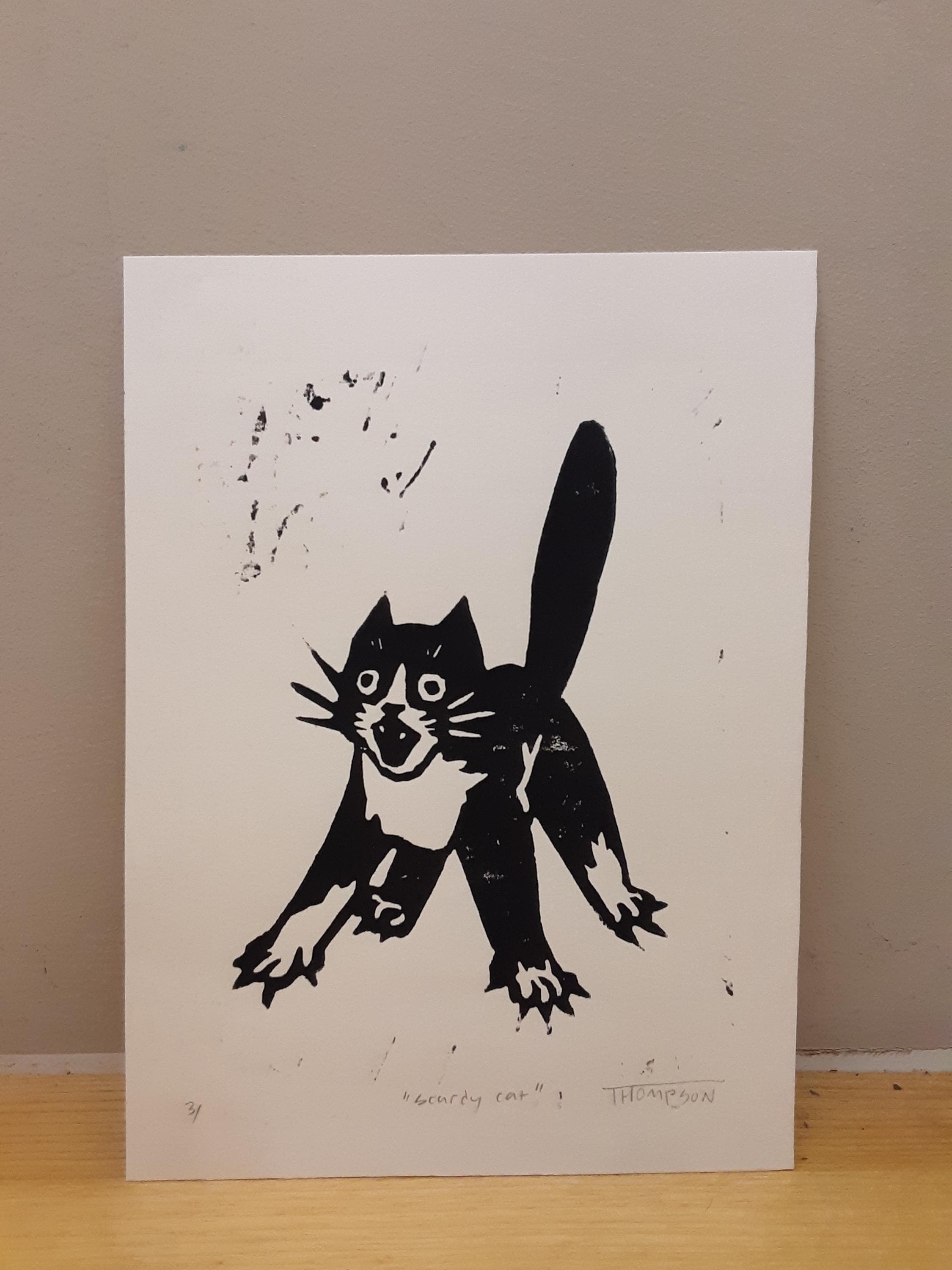 Cat Lino Print, "scaredy Cat" - Etsy
