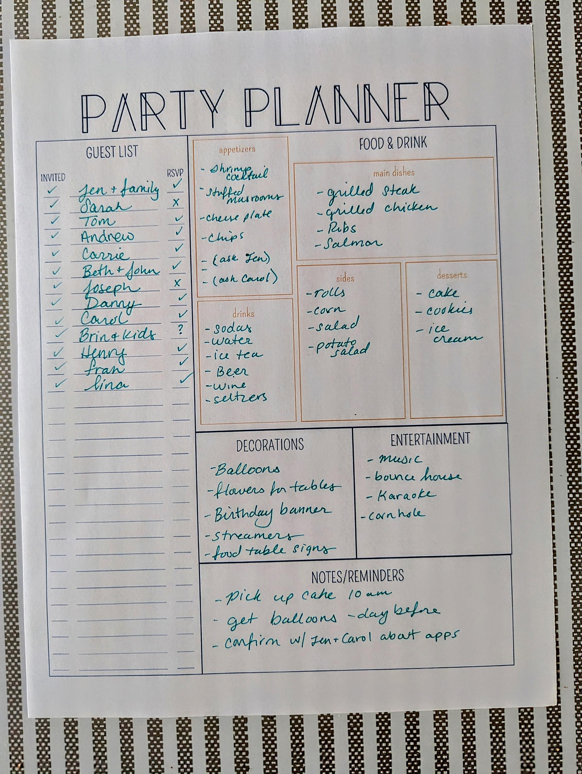 Simple Party Planning Printable, Guest List Tracker, Party Planning ...