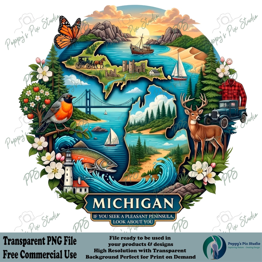 Michigan PNG | State Design With Motto | Transparent POD File ...