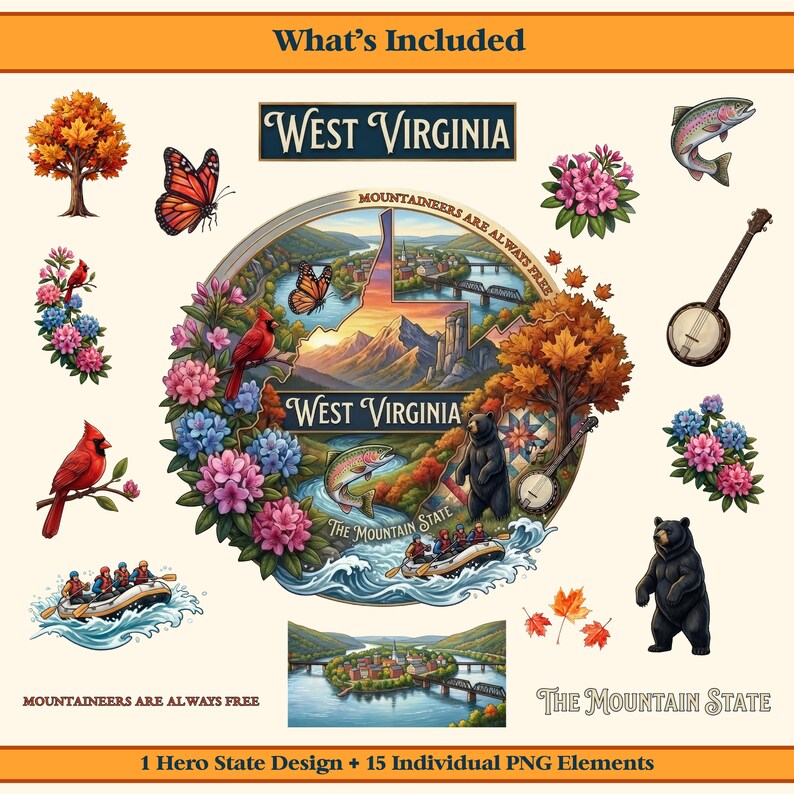 West Virginia PNG Bundle | State Design + Bonus Elements | Transparent ...