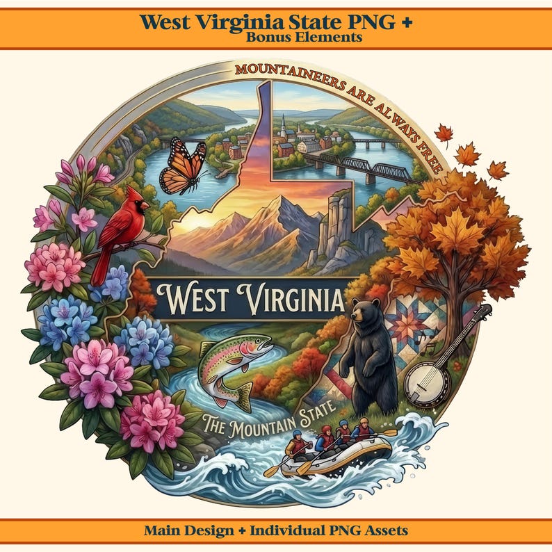 West Virginia PNG Bundle | State Design + Bonus Elements | Transparent ...