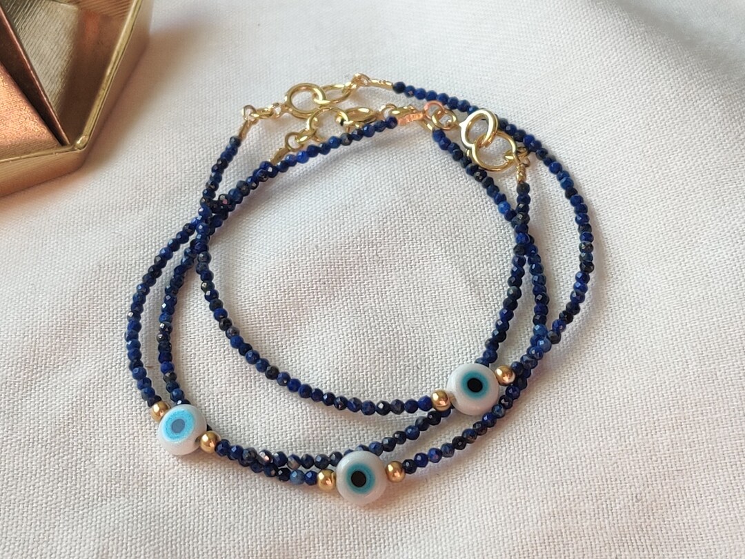 Evil Eye Bracelet With Tiny Lapis Lazuli Gemstones, Amulet Women ...