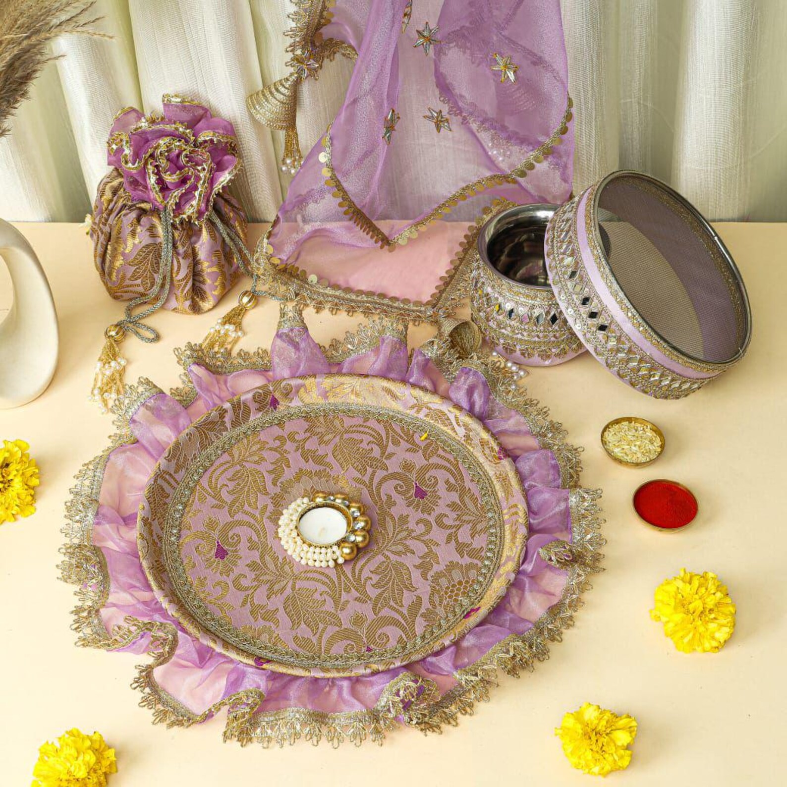 Karwachauth Thali Set Karva Chauth Puja Set Karwa Chauth Channi Lota Thaal With Cover Potli Bag ...