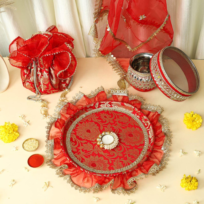 Karwachauth Thali Set Karva Chauth Puja Set Karwa Chauth Channi Lota Thaal With Cover Potli Bag ...