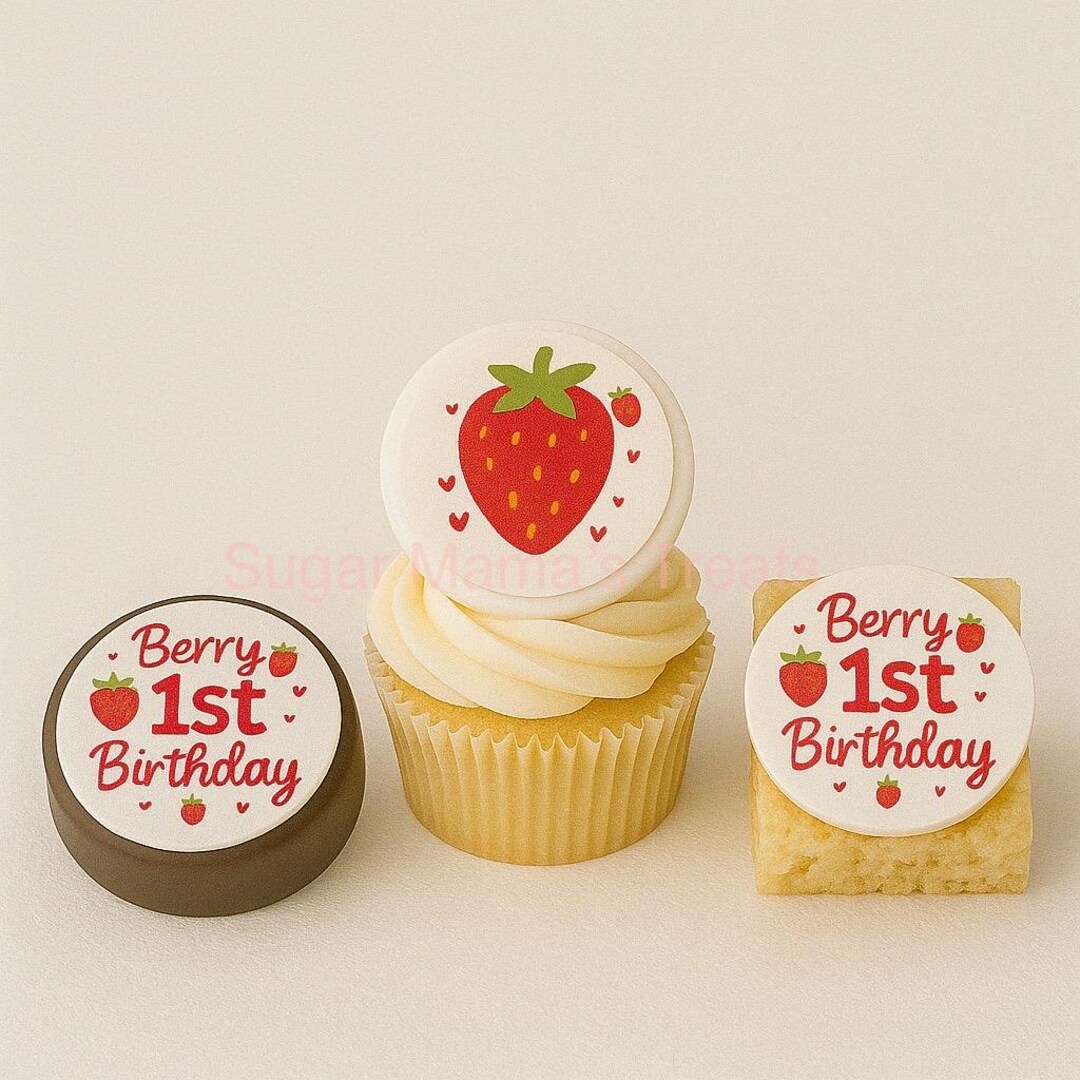 Pre-cut Berry 1st Birthday Edible Images – Strawberry Party Cupcake ...