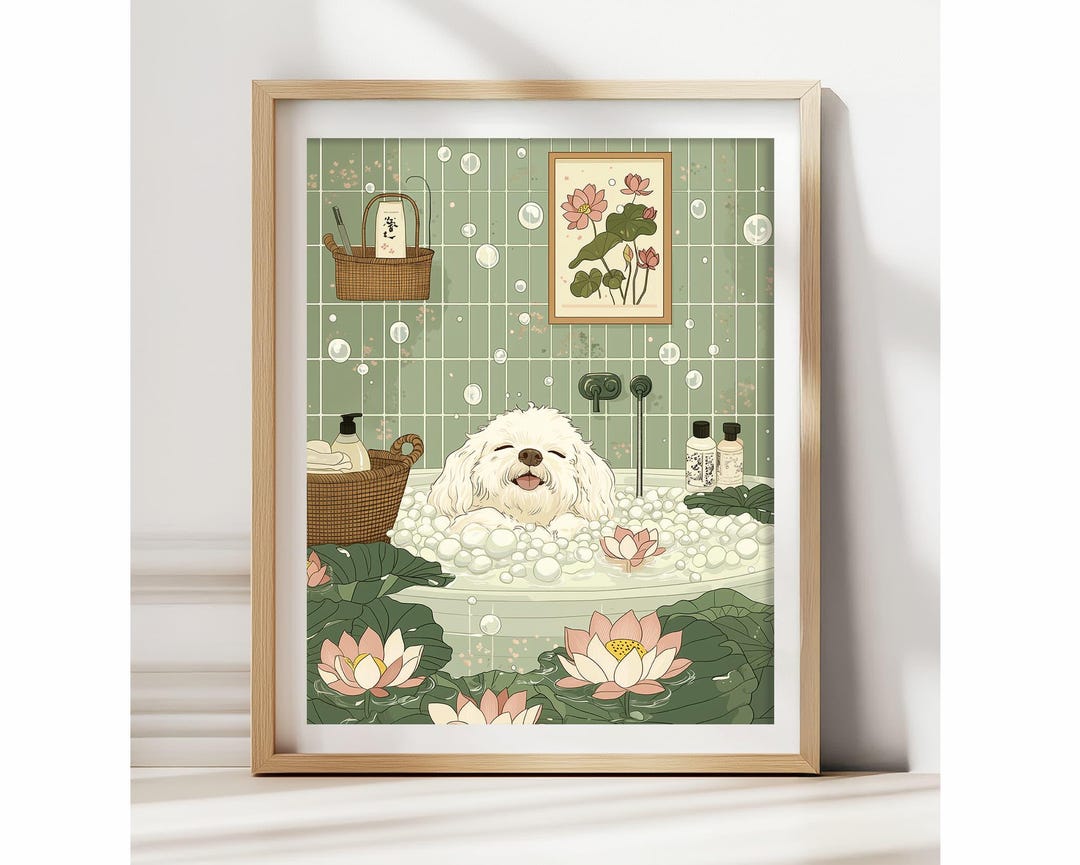 Cavapoo in Bathtub Art Print: Japandi Bathroom Decor for Dog Lovers - Etsy