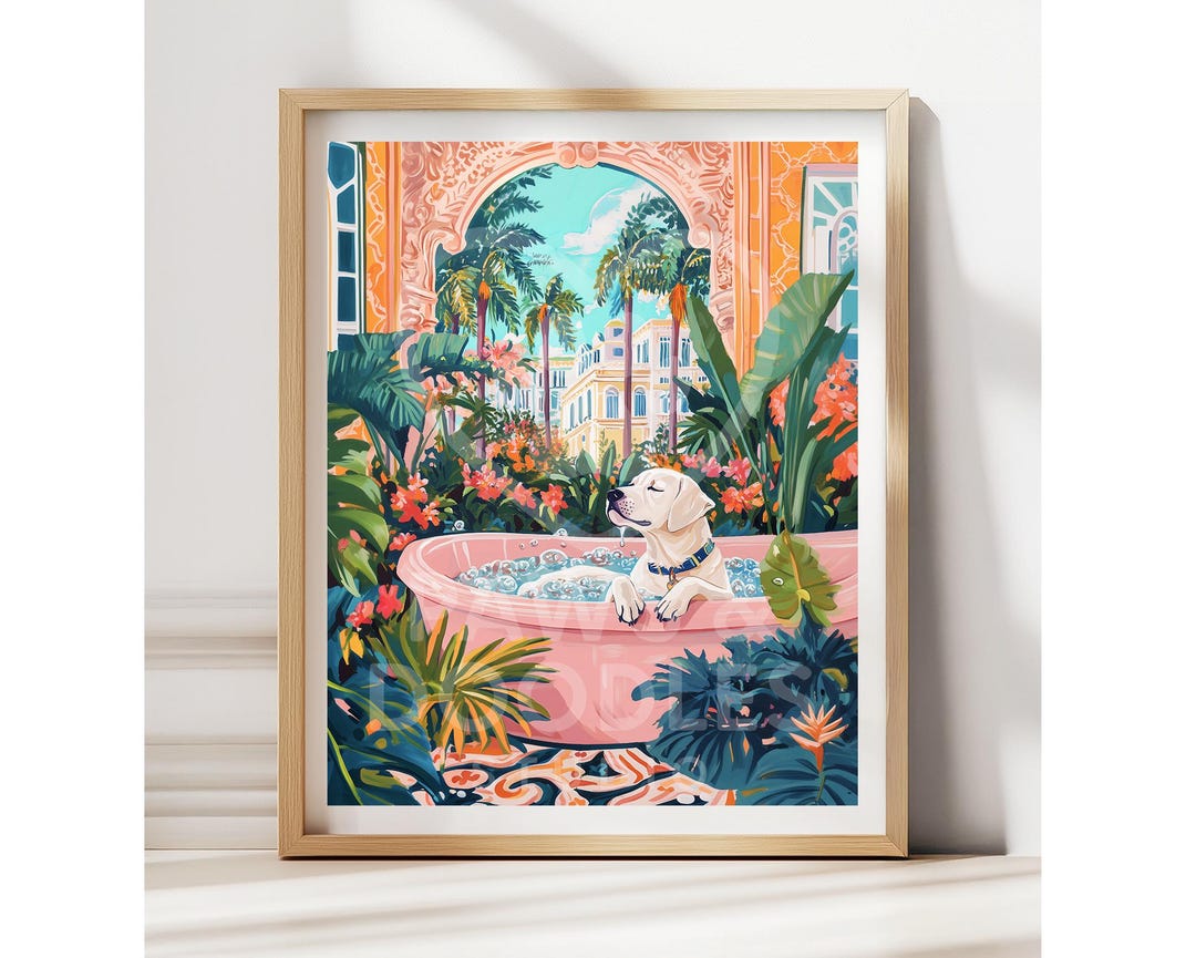 Beige Labrador in Bathtub Poster Tropical Dog Wall Art, Funny Bathroom ...