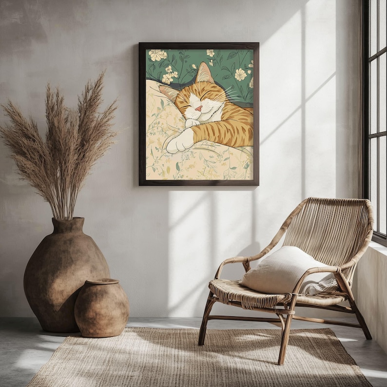 Sleeping Orange Cat Wall Art – Japandi Zen Japanese Poster, Minimalist ...