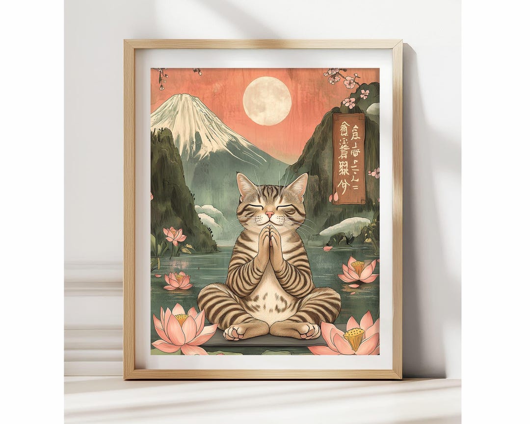 Meditating Tabby Cat Print: Zen Japanese Wall Art, Japandi Decor - Etsy