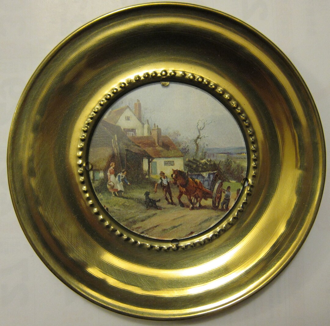 One-piece Vintage Brass Picture Frame Plates - Rustic Village Scene ...