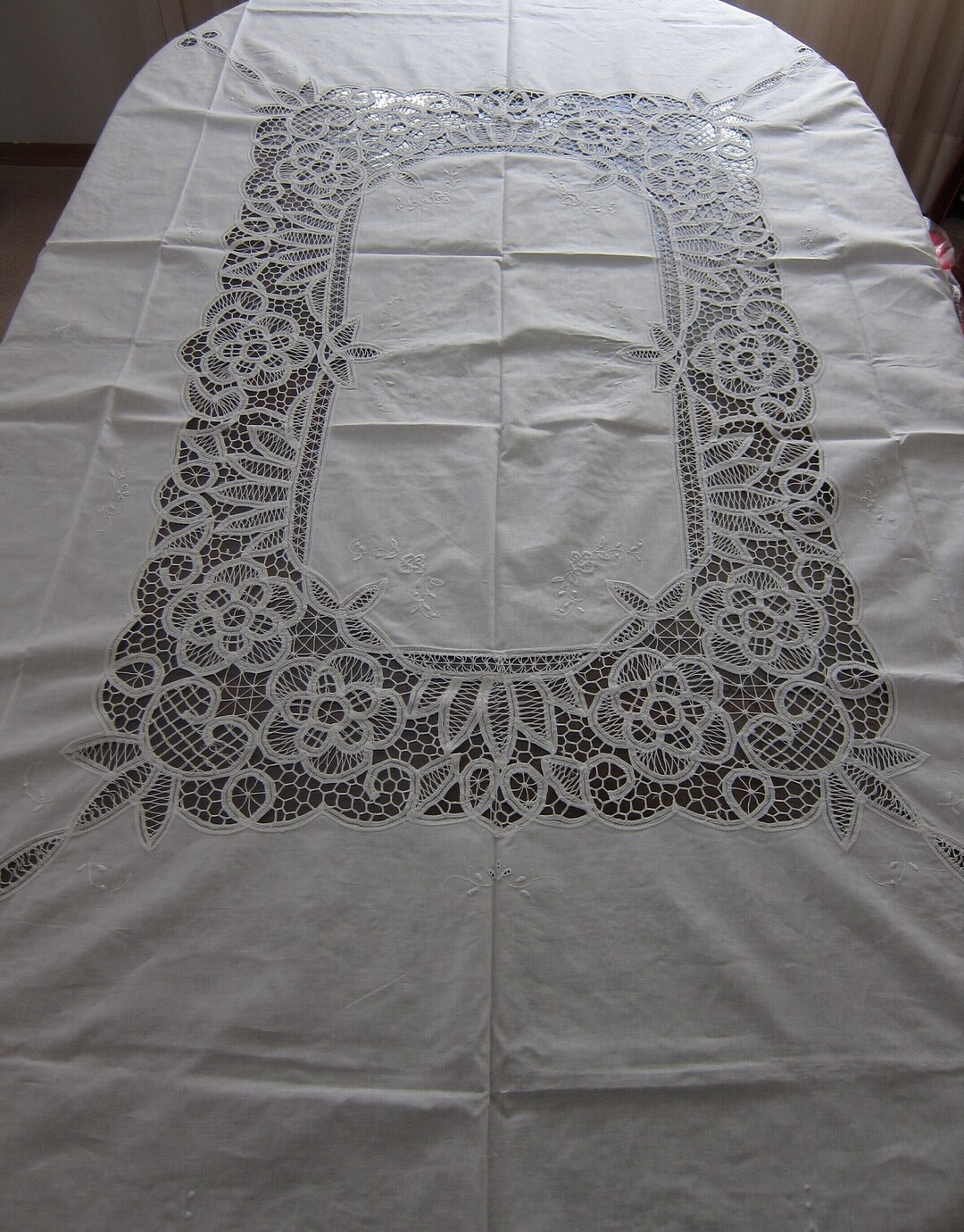 Oblong Rectangle Battenburg Lace Tablecloth - 72 X 90 Inches - White ...