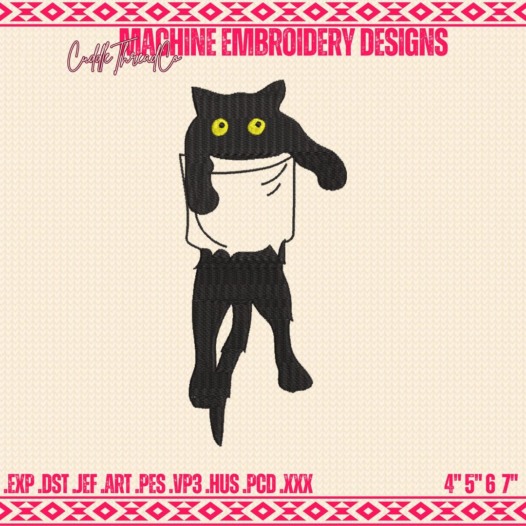 Black Cat in Pocket Embroidery Design, Cat With Bright Yellow Eyes ...