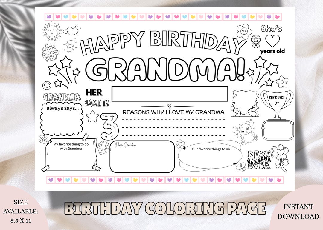 Grandma Birthday Coloring Page: Printable Fill-in Card (PDF Download ...