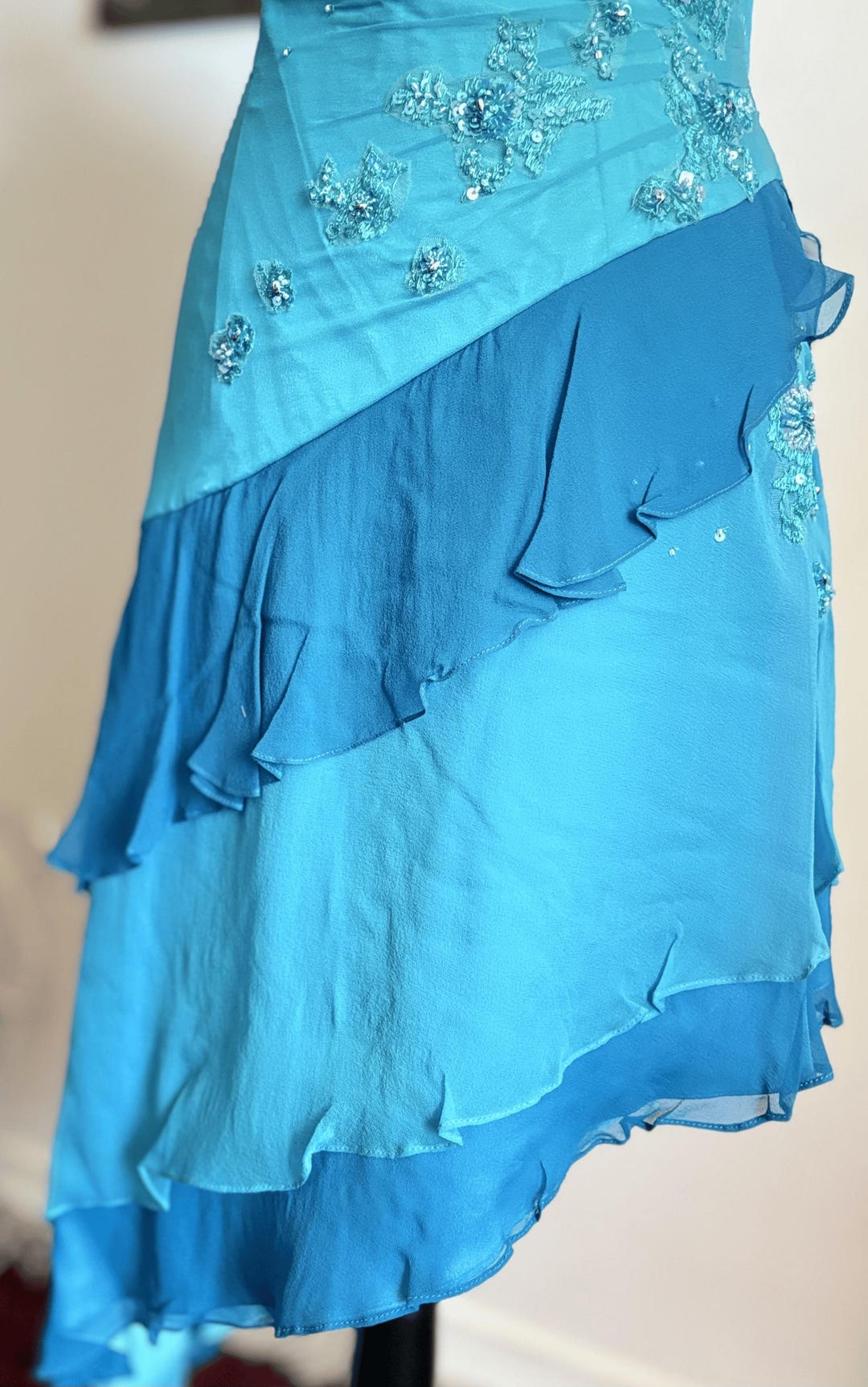 Vintage Early 2000s Blue Beaded and Sequined Cocktail Dress With Scarf and Asymmetrical Hem - Etsy