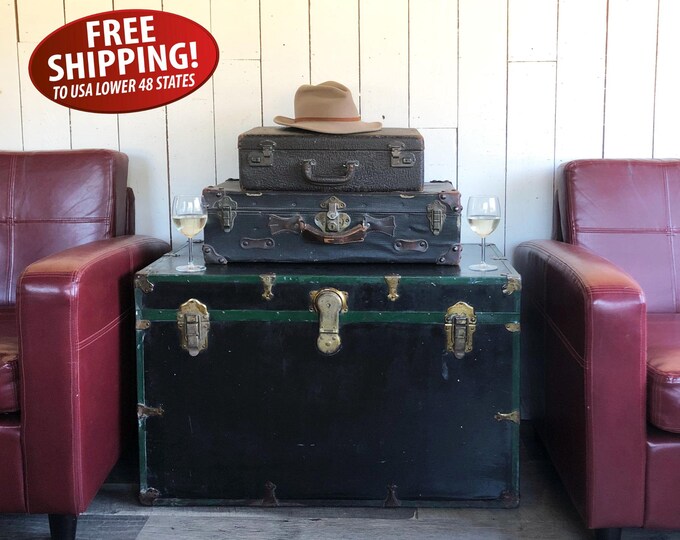 1930s-1940s Black & Green Storage Trunk With Tray, Shipping Trunk ...