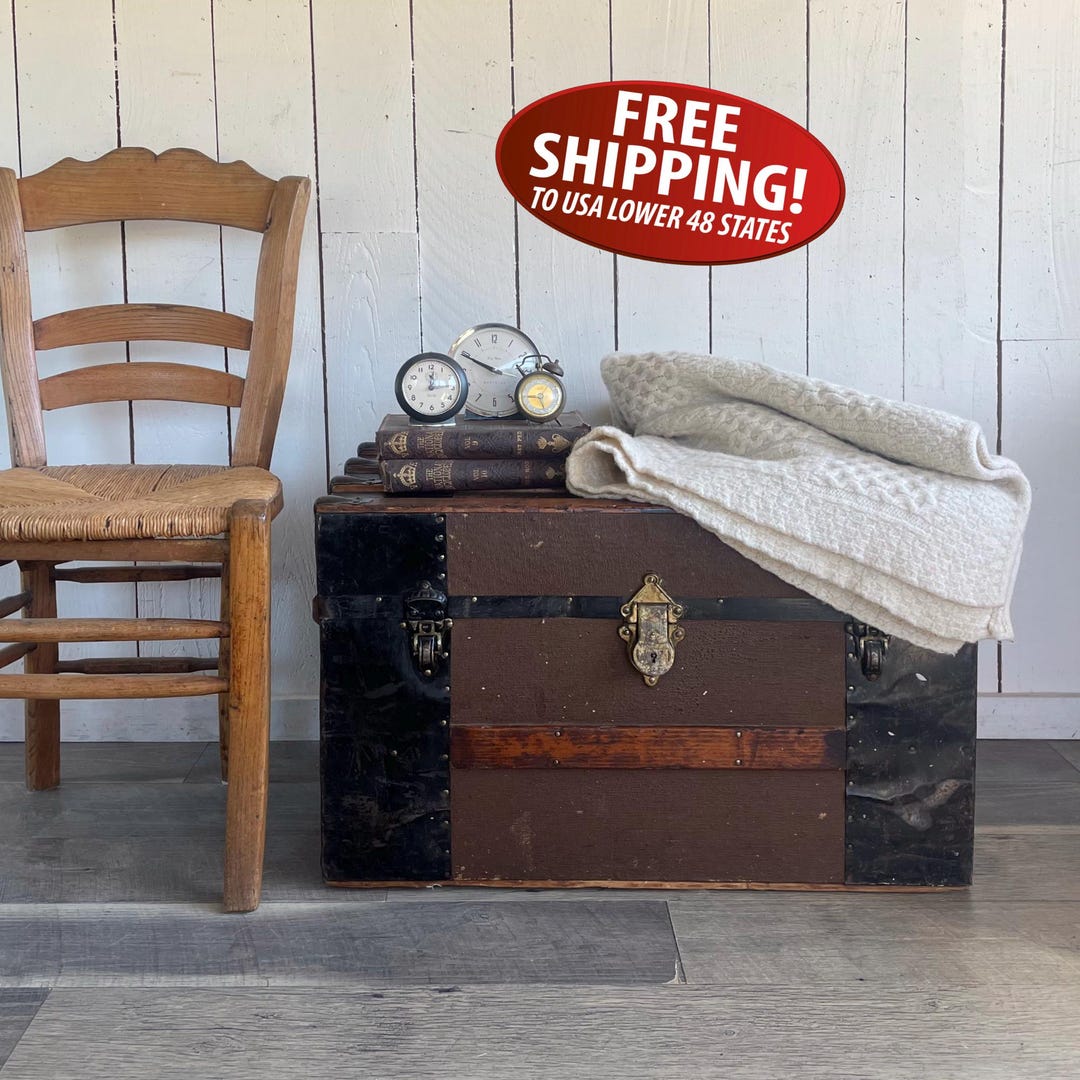 Antique Early 1900's Steamer Trunk, Primitive Wood Slat & Canvas Trunk ...