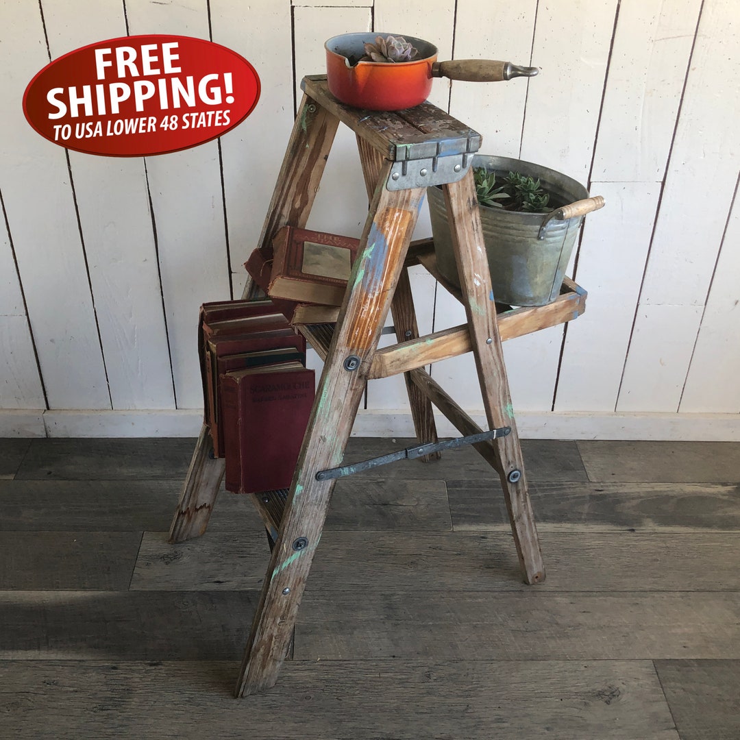 Vintage Distressed Wood Painter's Ladder, 34 Tall, 3 Step Folding ...