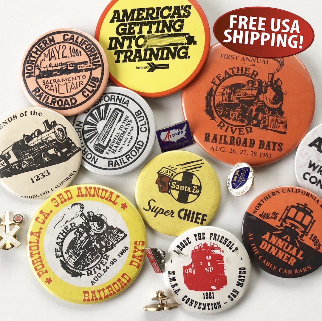 Bundle of 15 Railroad Buttons & Pins, Pinback Buttons, Lapel Pin, Rail ...