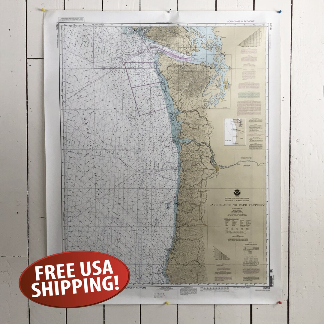Vintage Nautical Navigation Map With Washington & Oregon Coast, Cape ...