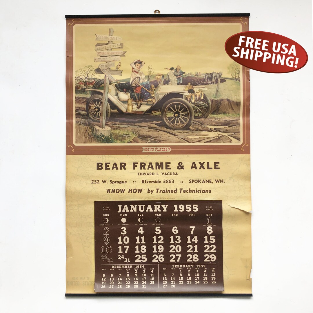 1955 Coeur D'alene, Idaho Wall Calendar, Bear Frame & Axle, Vintage ...