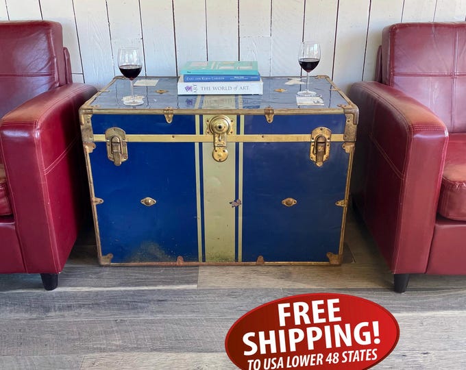 Large 1950s Blue & Gold Metal Sided Steamer Trunk With Travel Stickers ...